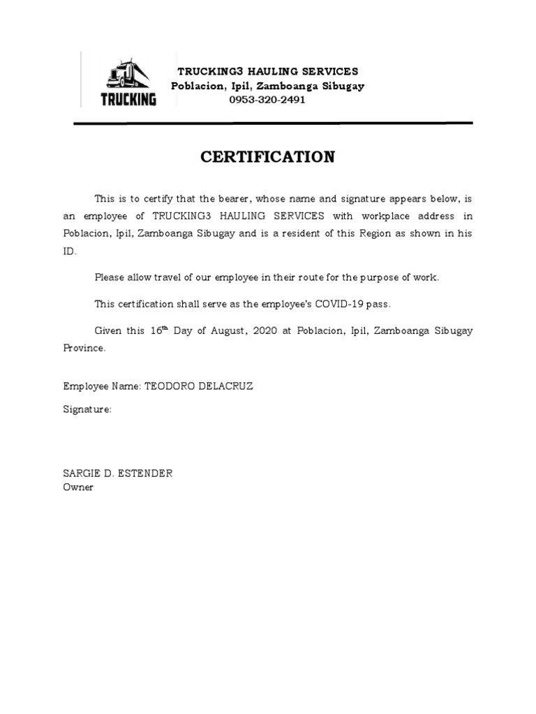 Certification: Trucking3 Hauling Services Poblacion, Ipil, Zamboanga ...