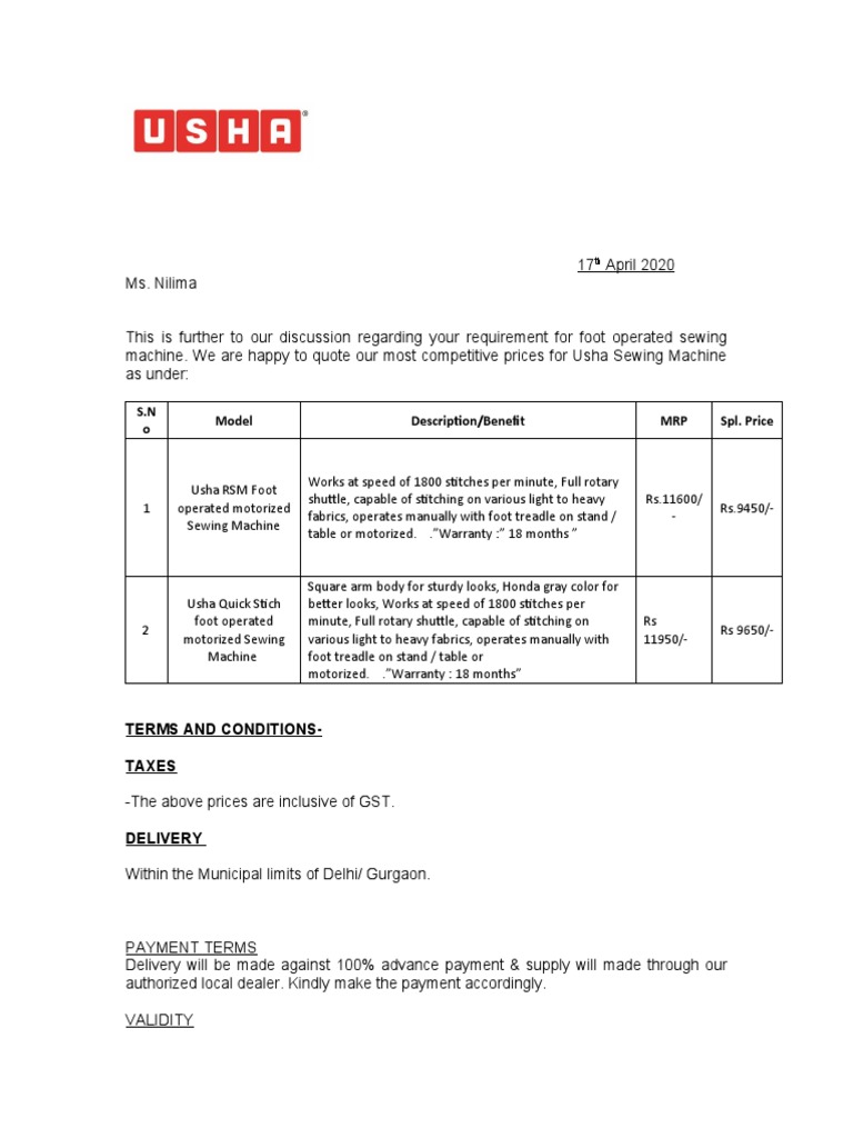 Competitive Quotation for Usha Sewing Machines including Foot Operated ...