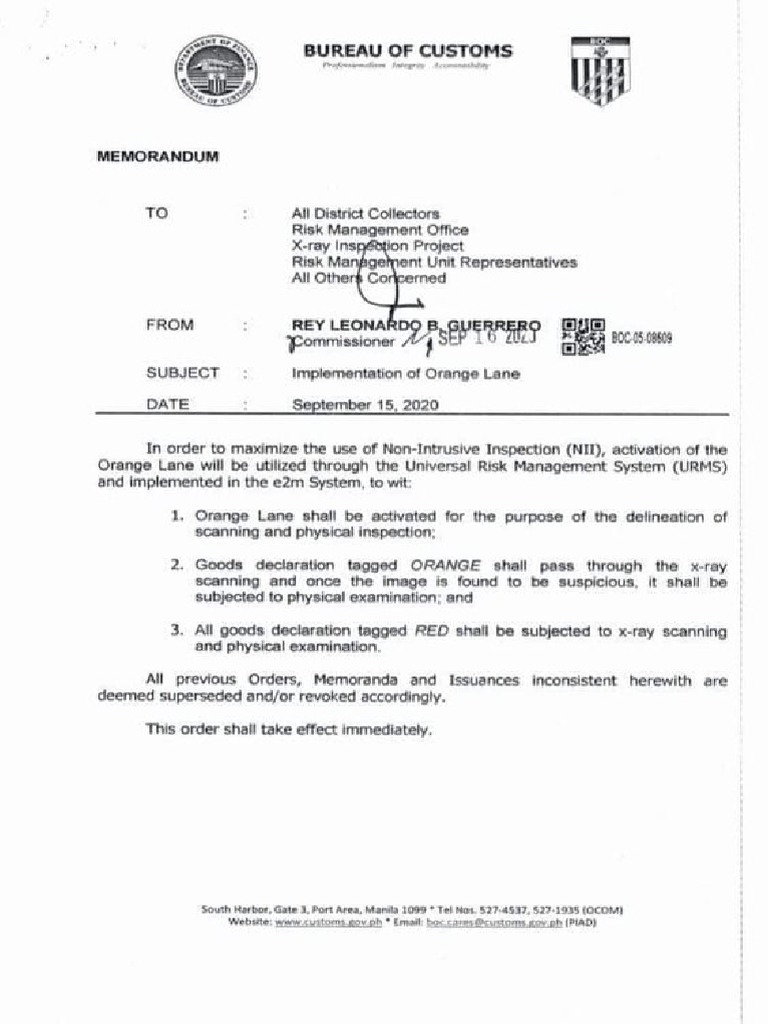 Bureau of Customs Memo Activating The Orange Lane | PDF