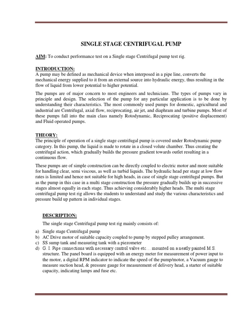 AIM: To Conduct Performance Test On A Single Stage Centrifugal Pump ...