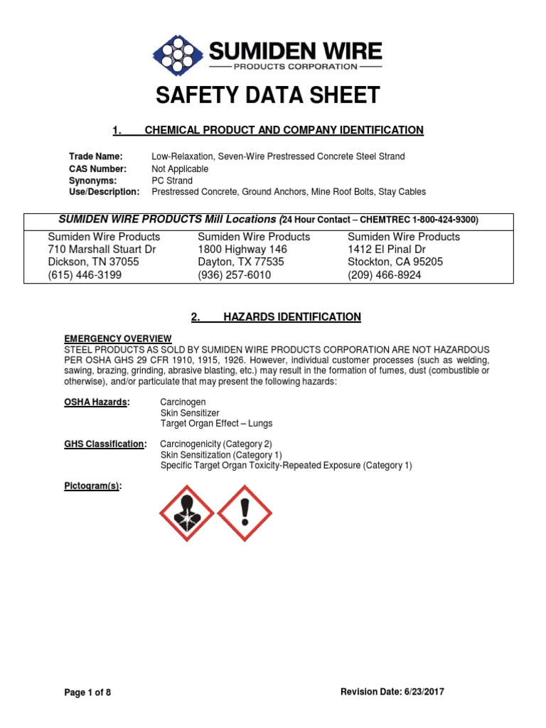 SDS PC Strand Sumiden Wire Products 2017 06 23 PDF | Download Free PDF | Dangerous Goods | Chromium