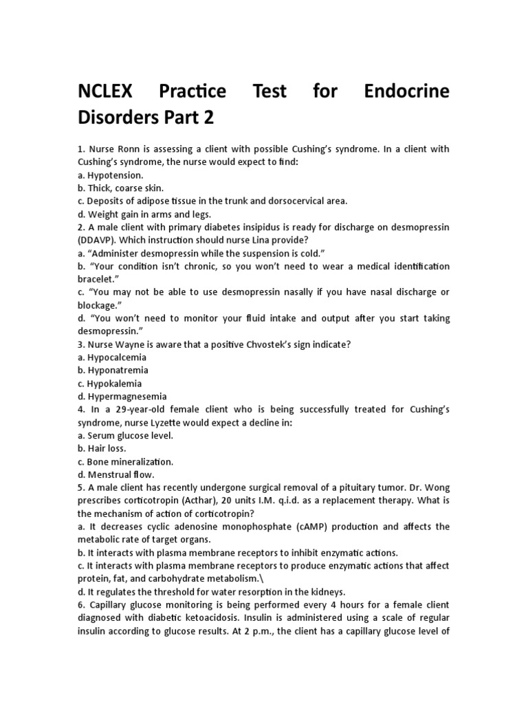 NCLEX Practice Test For Endocrine Disorders Part 2 | PDF ...