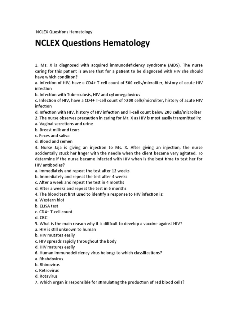 NCLEX Questions Hematology | PDF | Hiv/Aids | Red Blood Cell