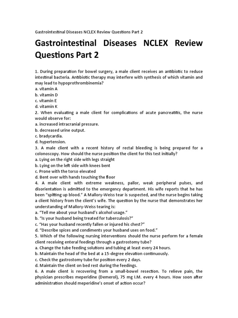 Gastrointestinal Diseases NCLEX Review Questions Part 2 | PDF ...