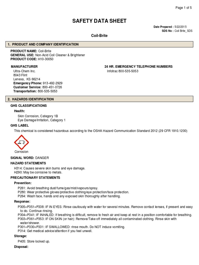 Safety Data Sheet: Coil-Brite | PDF | Hazardous Waste | Personal ...