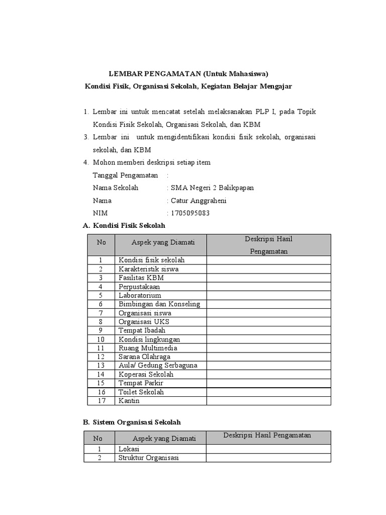 Lembar Pengamatan Untuk PLP 1 | PDF