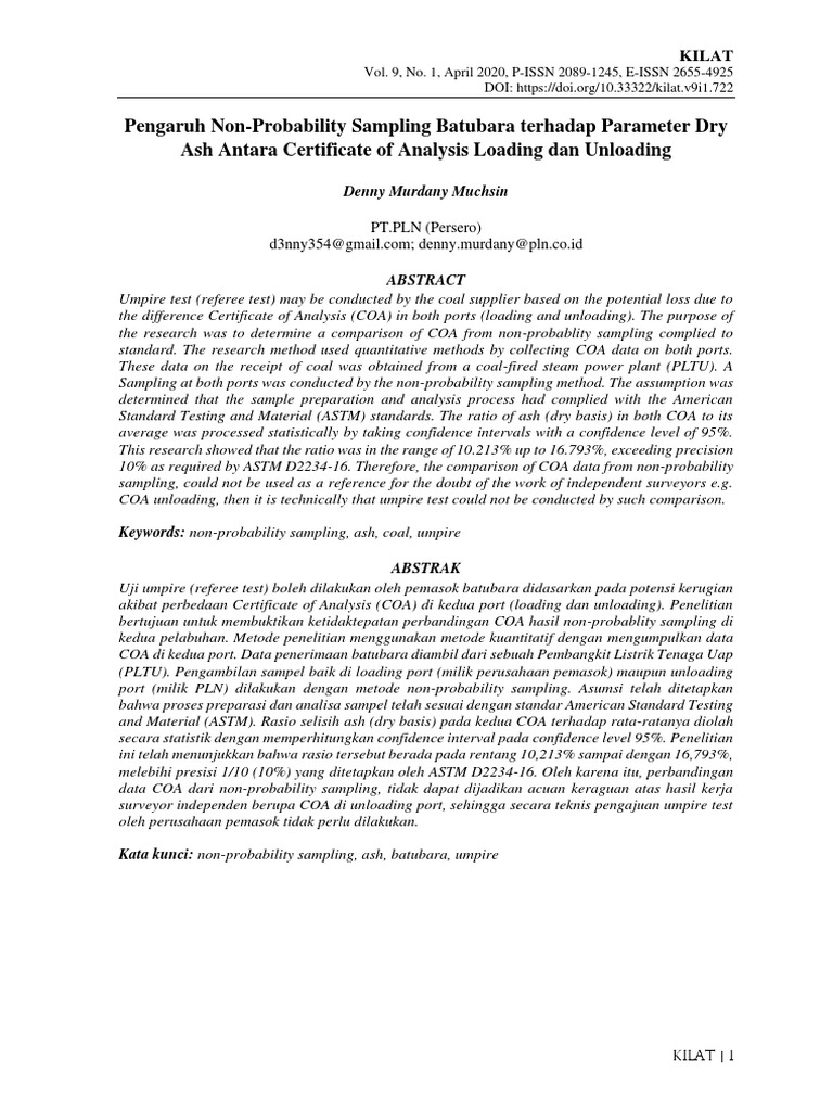 Pengaruh Non-Probability Sampling Batubara Terhadap Parameter Dry Ash ...