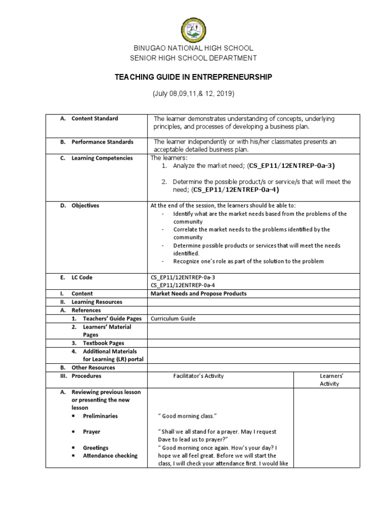 Teaching Guide in Entrepreneurship: Binugao National High School Senior ...