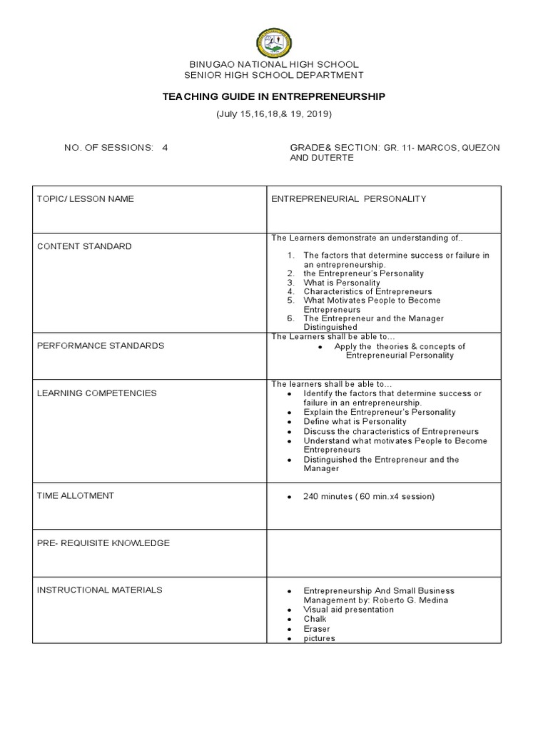 Teaching Guide for Entrepreneurship Class | PDF | Entrepreneurship | Goal
