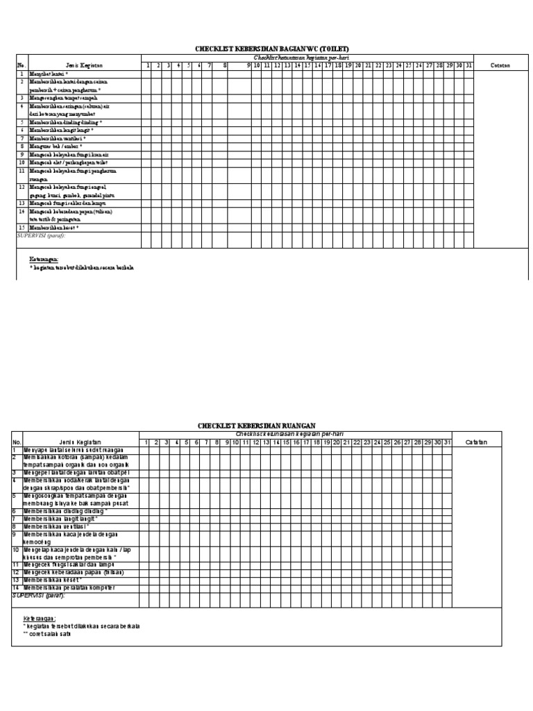 Checklist Kebersihan Toilet dan Ruangan | PDF