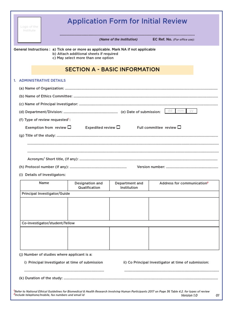 Application Form For Initial Review: Section A - Basic Information ...