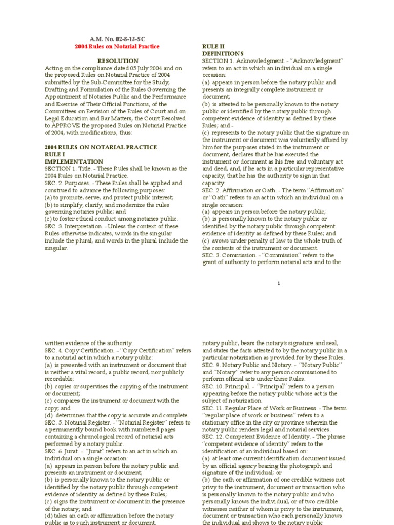 2004 Rules on Notarial Practice: Definitions and Requirements for ...