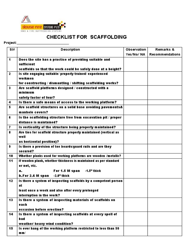 Scaffolding Safety Checklist Guide | PDF | Scaffolding | Rope