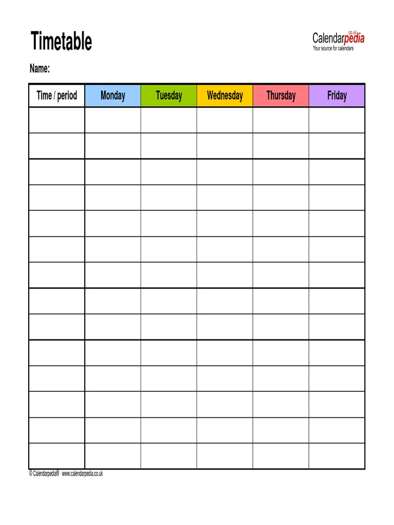 Timetable: Name: Time / Period Monday Tuesday Wednesday Thursday Friday ...