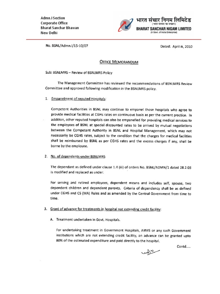 Admn.I Section Corporate Office Bharat Sanchar Bhawan New Delhi | PDF