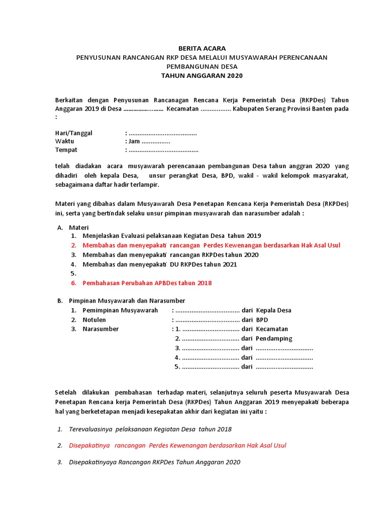 BERITA ACARA 3 Musdes Penetapan RKPDes 2019 | PDF | Seni