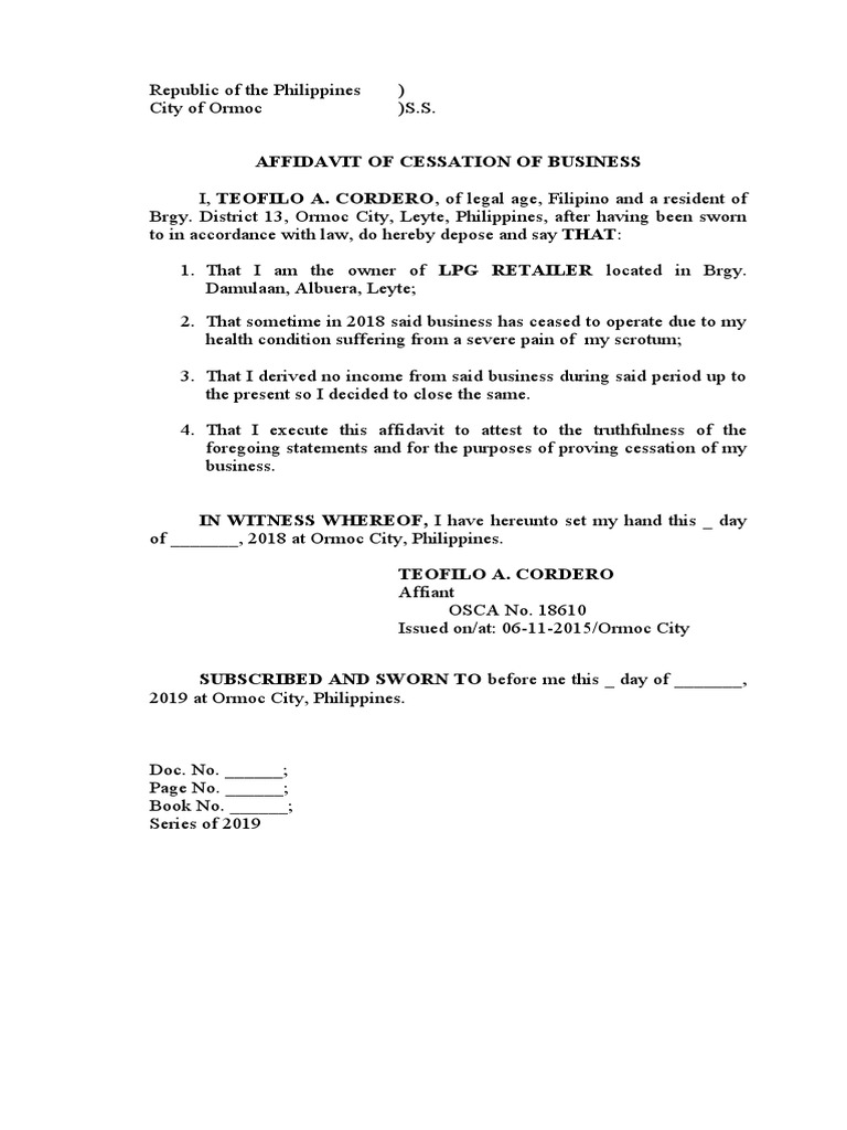 Affidavit of Cessation of Business | PDF