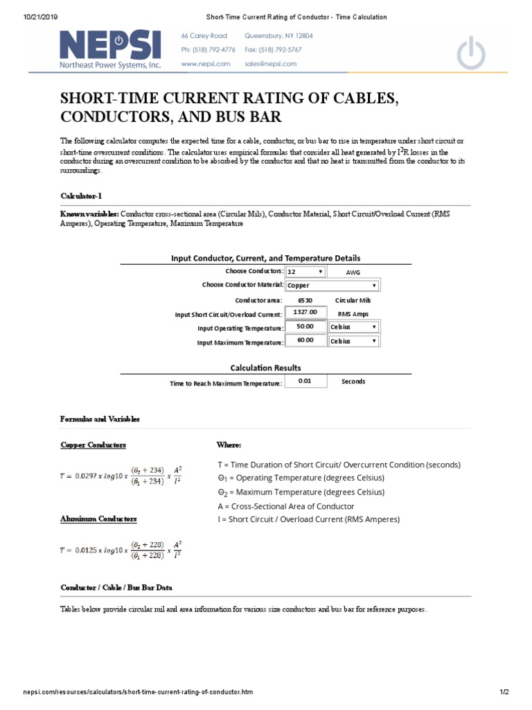 Short-Time Current Rating of Conductor - Time Calculation PDF | PDF ...
