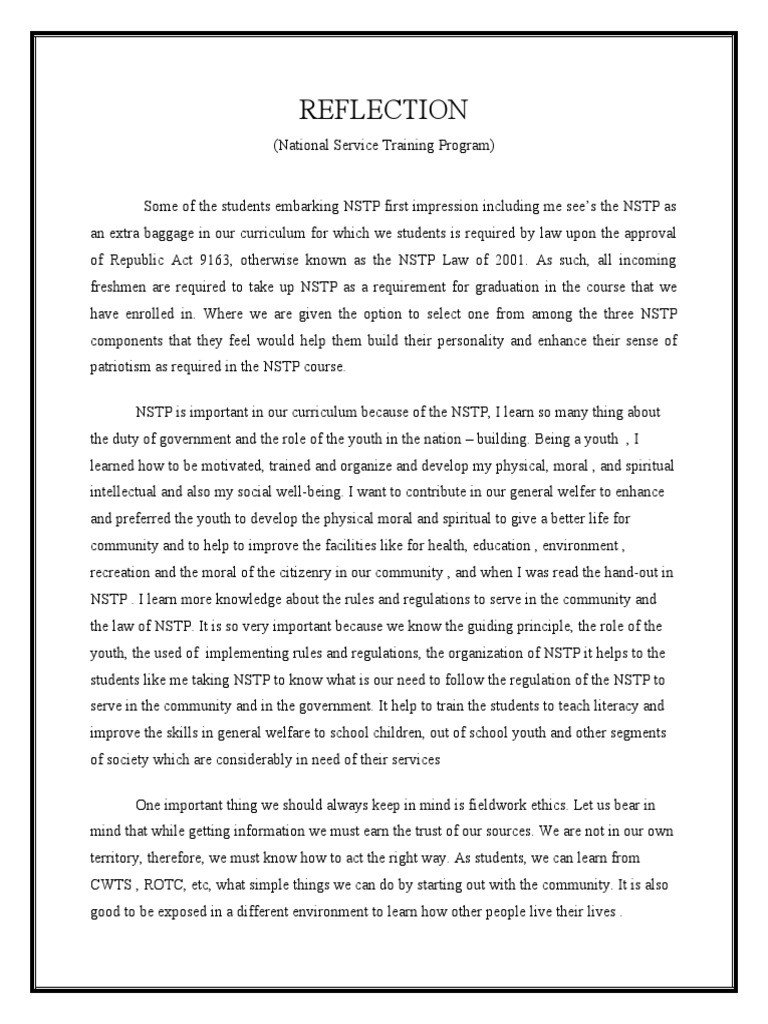 NSTP Reflection on National Service Training Program | PDF | Community ...