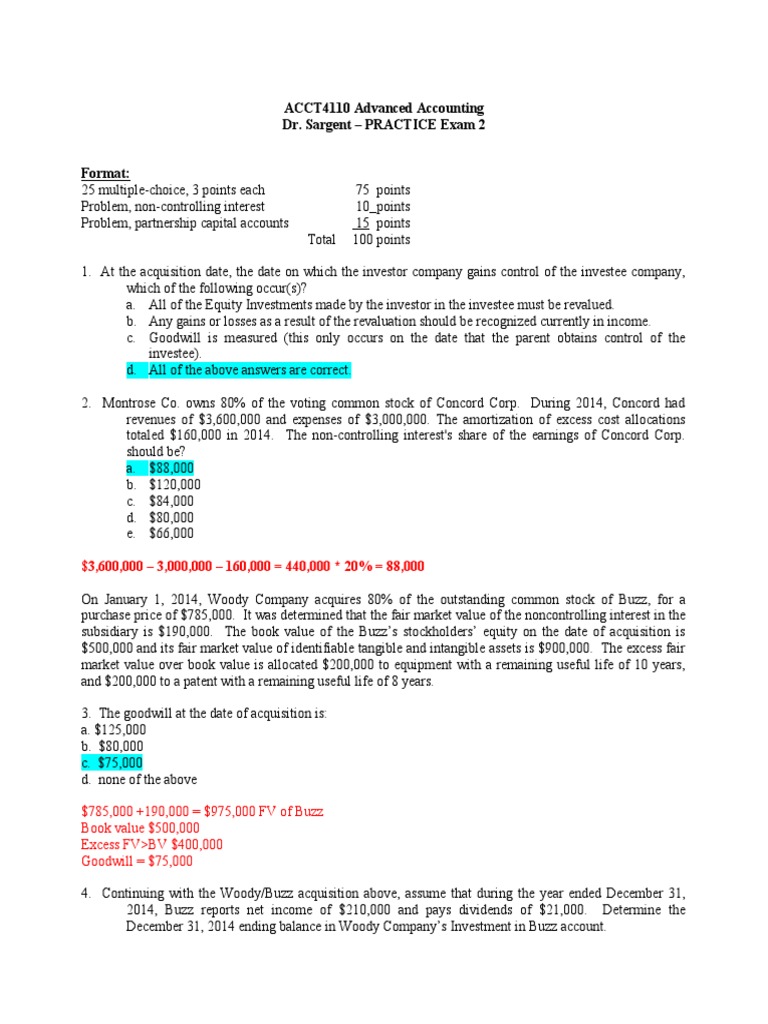 ACCT4110 Advanced Accounting PRACTICE Exam 2 KEY v2 | PDF | Fund ...