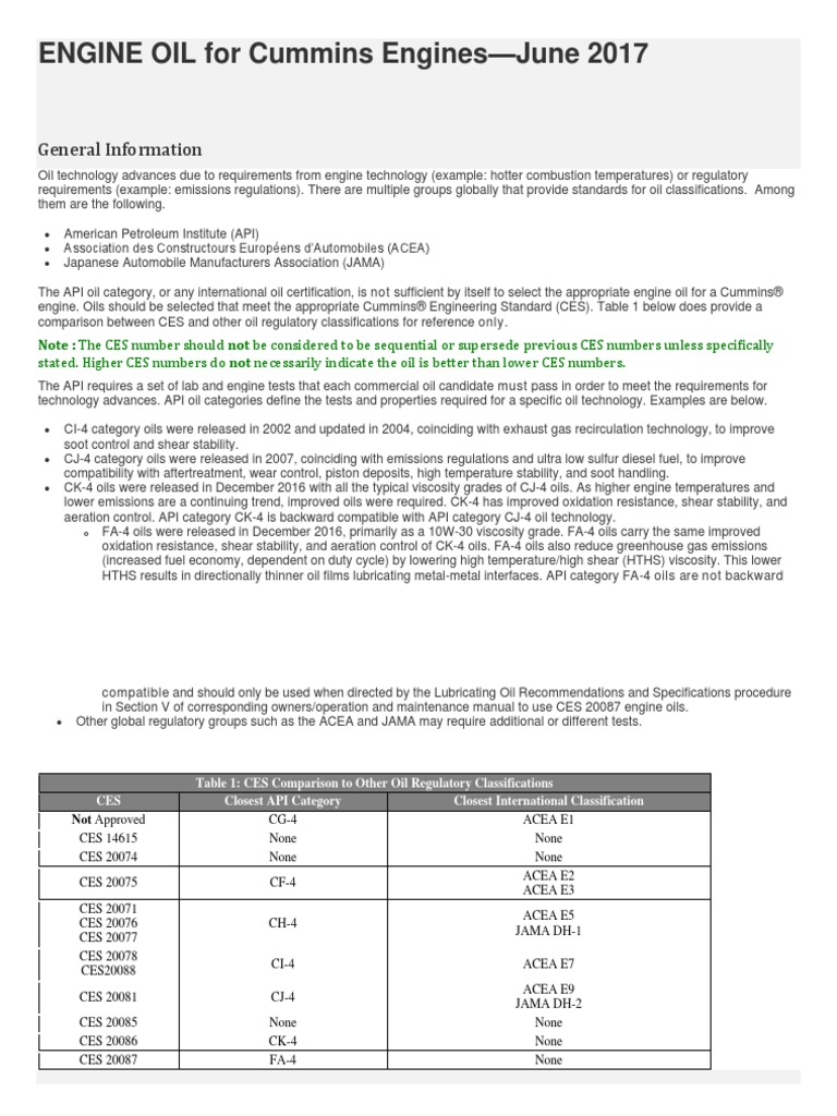 Cummins Oil Specifying 2017 PDF | PDF | Motor Oil | Engines