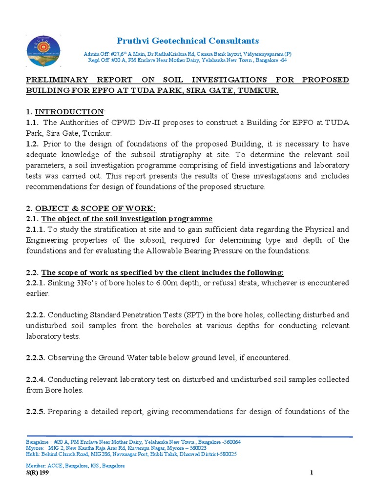 Preliminary Soil Investigation Report - S (R) 199 Tumkur | PDF ...