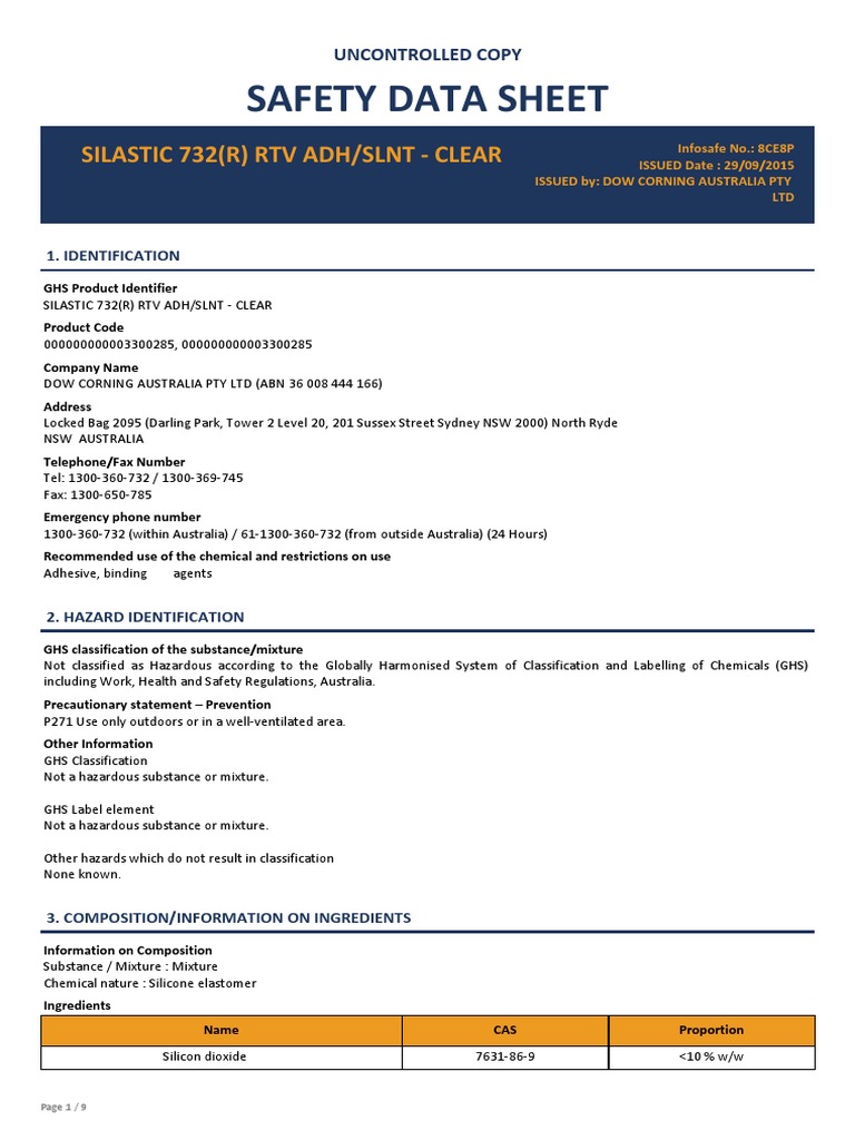 8ce8p-Silastic 732 (R) RTV Adhslnt - Clear | PDF | Toxicity | Dangerous ...
