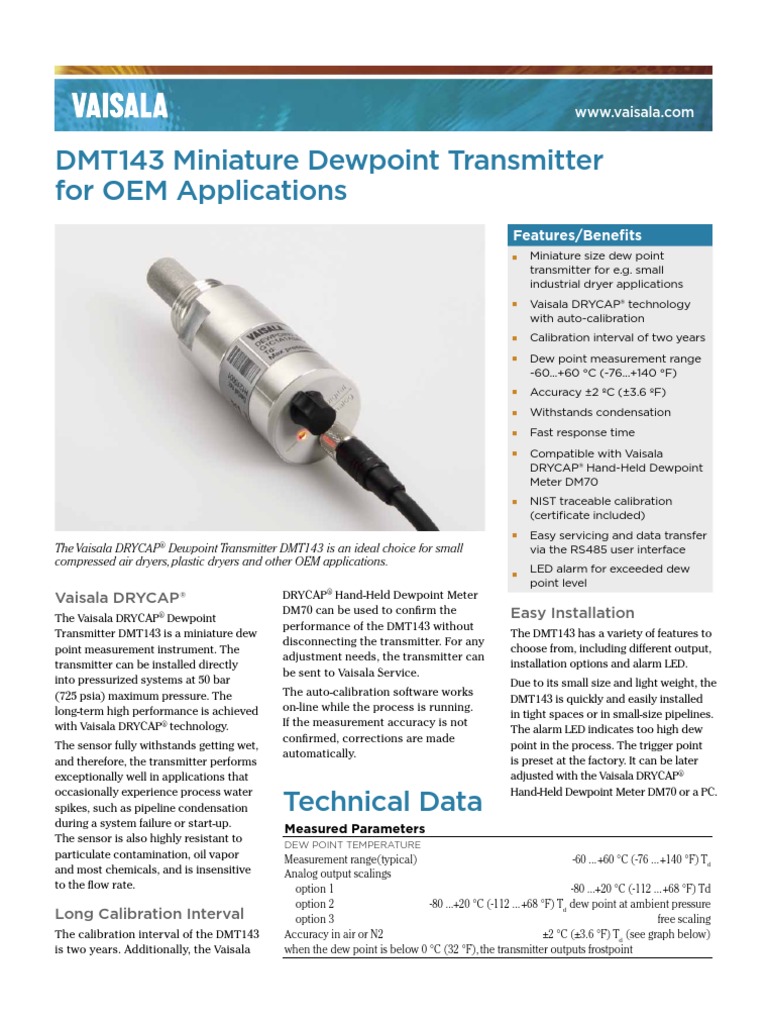 DMT143 Miniature Dewpoint Transmitter For OEM Applications: Vaisala DRYCAP® Easy Installation ...