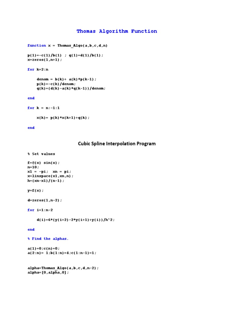 Thomas Algorithm Function: Cubic Spline Interpolation Program | PDF