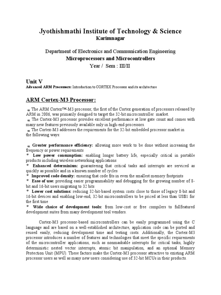 Jyothishmathi Institute of Technology & Science: Unit V ARM Cortex-M3 Processor | PDF | Arm ...