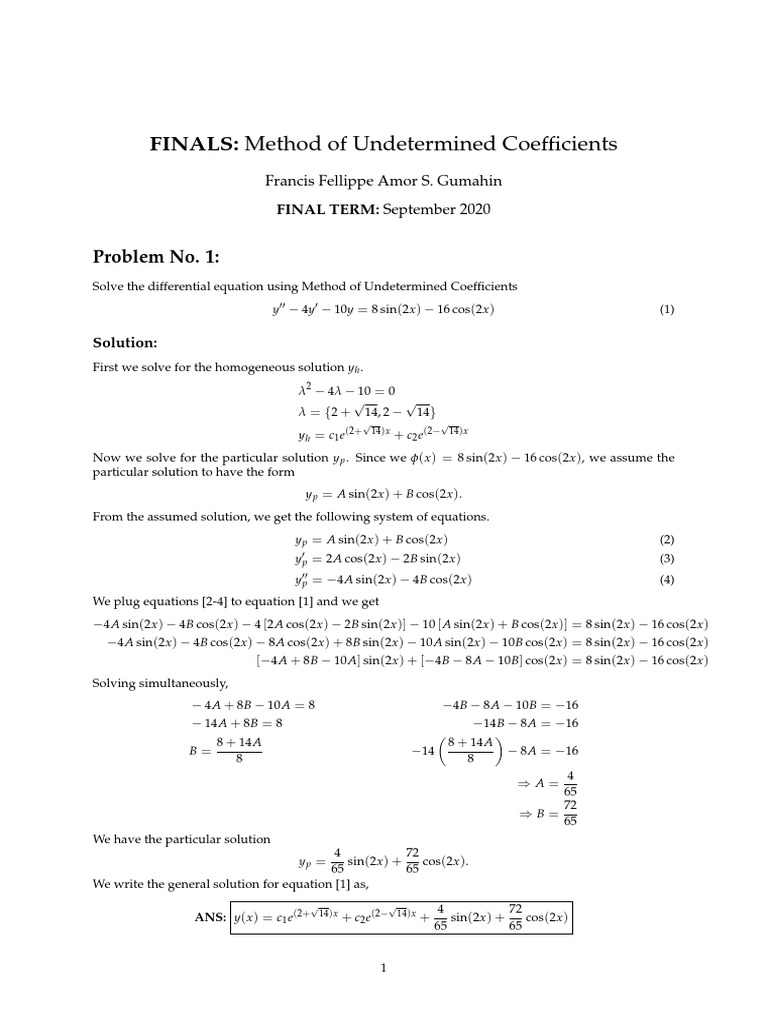 Solved Examples For Method of Undetermined Coefficients | Download Free ...