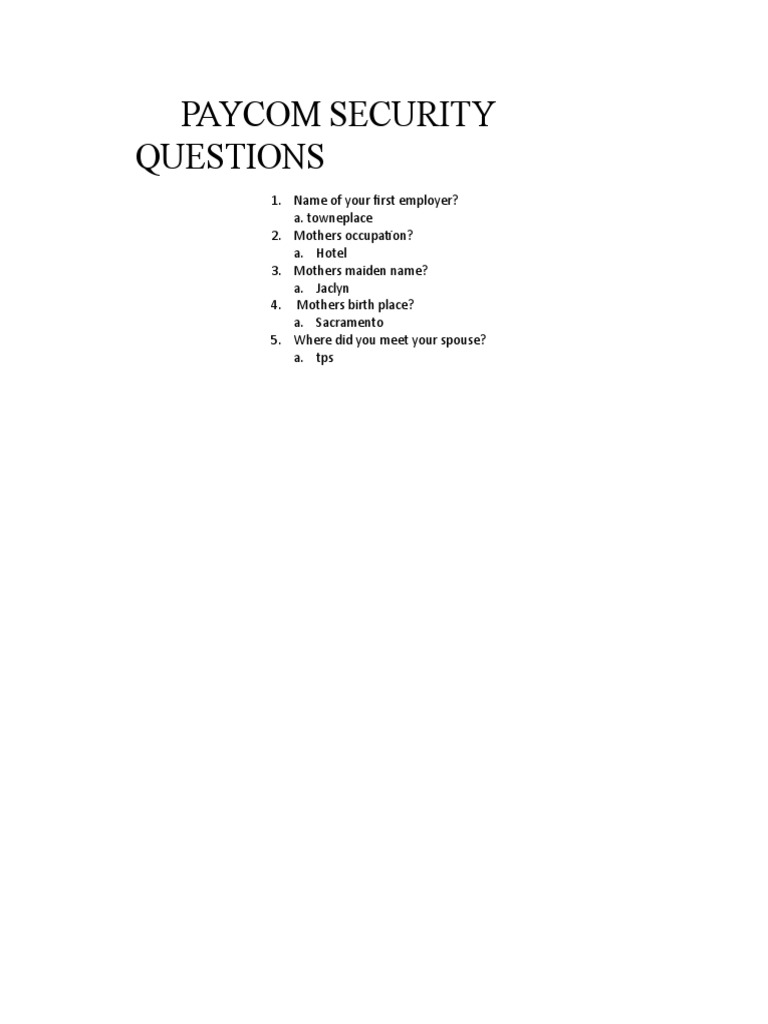 Paycom Security Questions | PDF