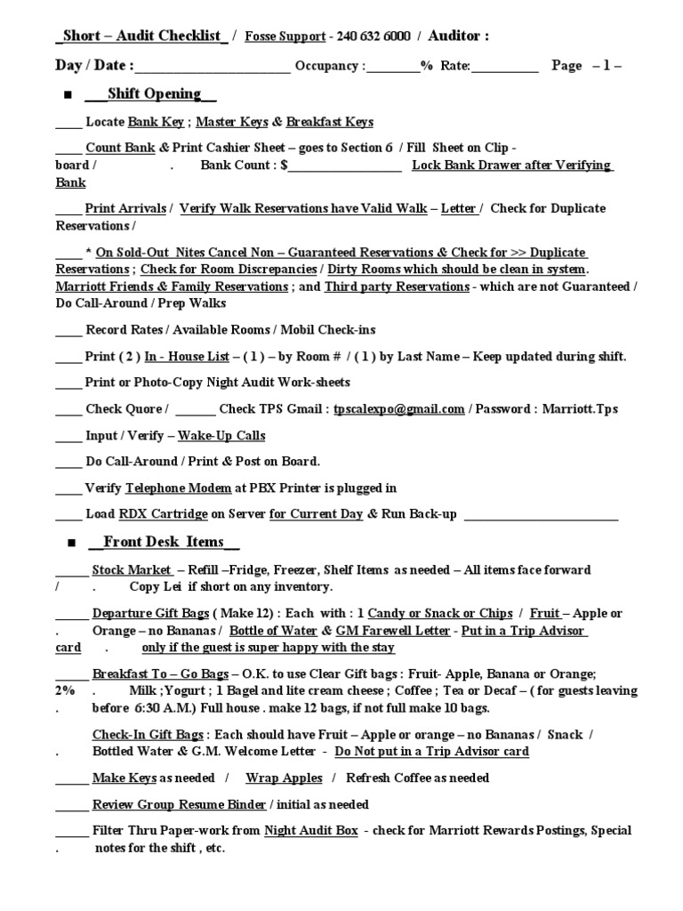 Short - Audit Checklist - / Auditor: Day / Date: - Shift Opening | PDF ...
