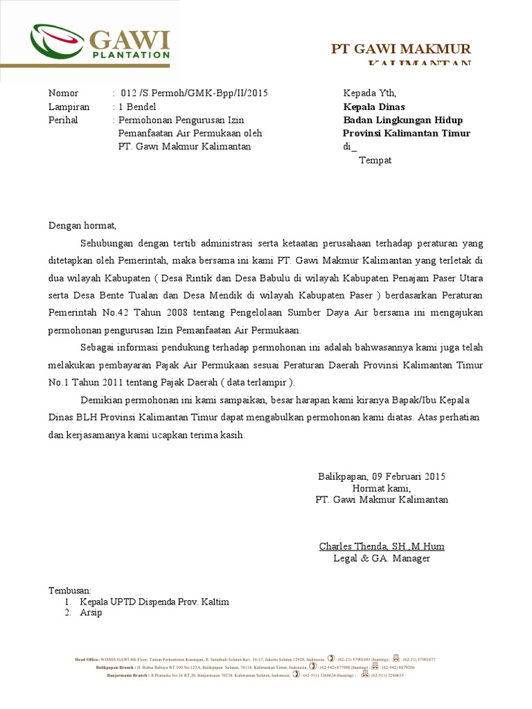 Draft Surat Hsbbspermohonan Pengurusan Izin Pemanfaatan Air Permukaan ...