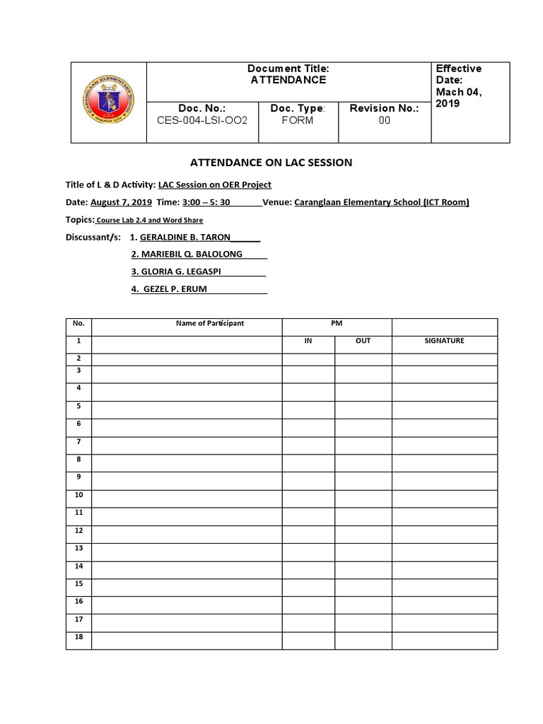 Attendance On Lac Session: CES-004-LSI-OO2 Form 00 | PDF | Teachers ...