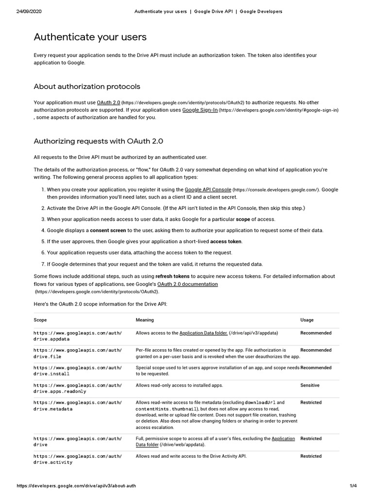 Guidelines for Authentication and Authorization in the Google Drive API | PDF | Web Application ...