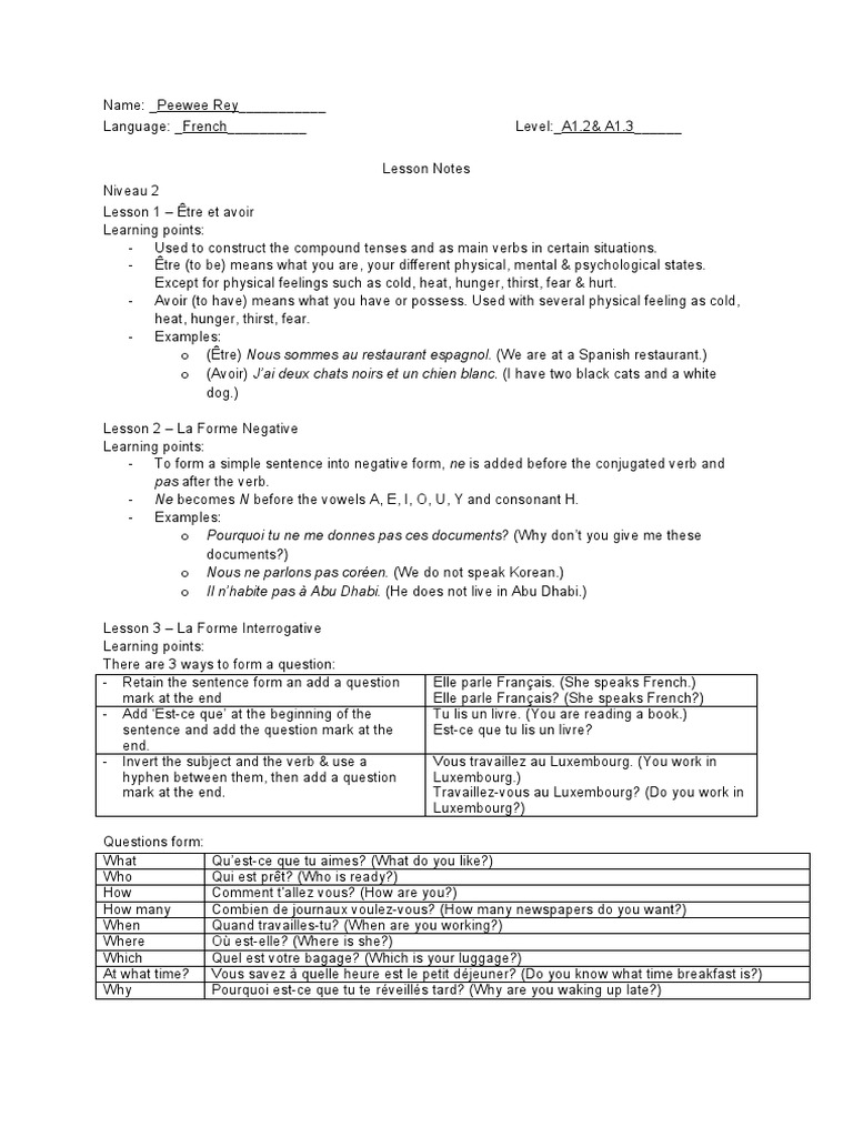 French Level 2 Notes | PDF | Verb | Linguistic Morphology