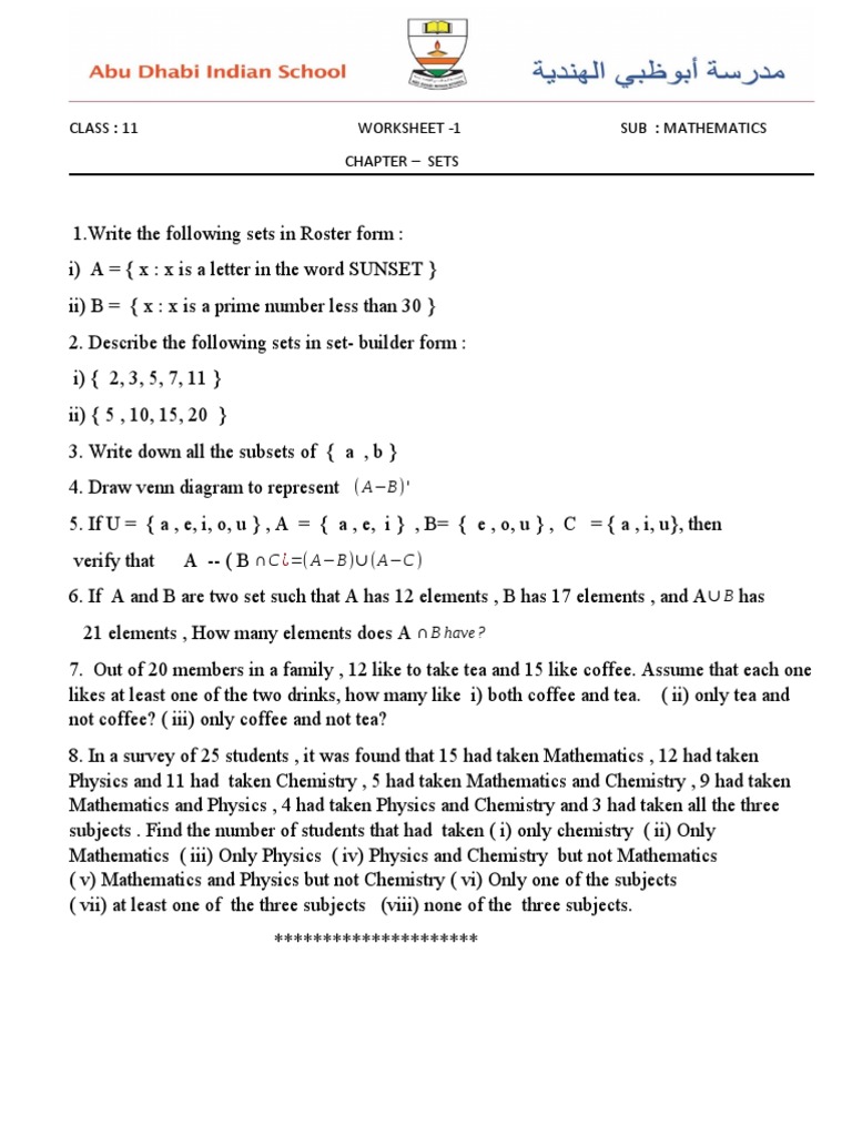 CH 1 Class - 11 Worksheet - Sets | PDF | Teaching Methods & Materials
