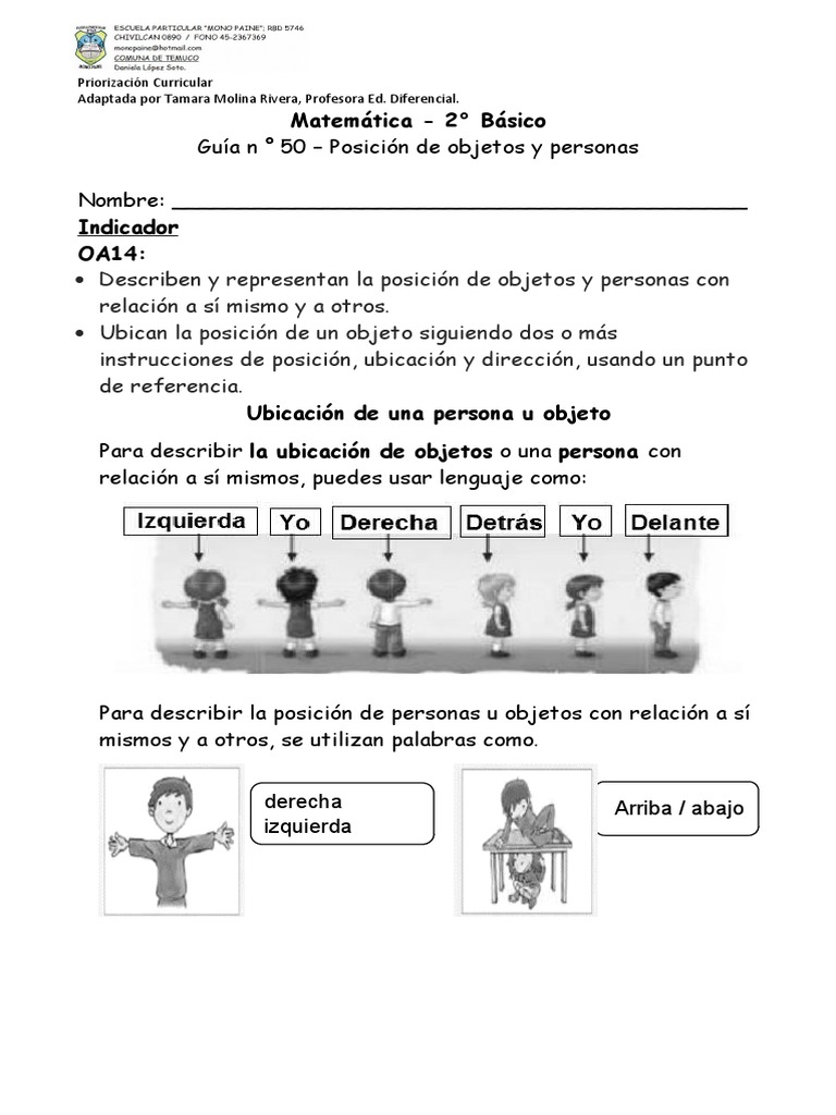 2° Matemática - Guía 50 - Posición de Los Objetos y Personas. (18 ...