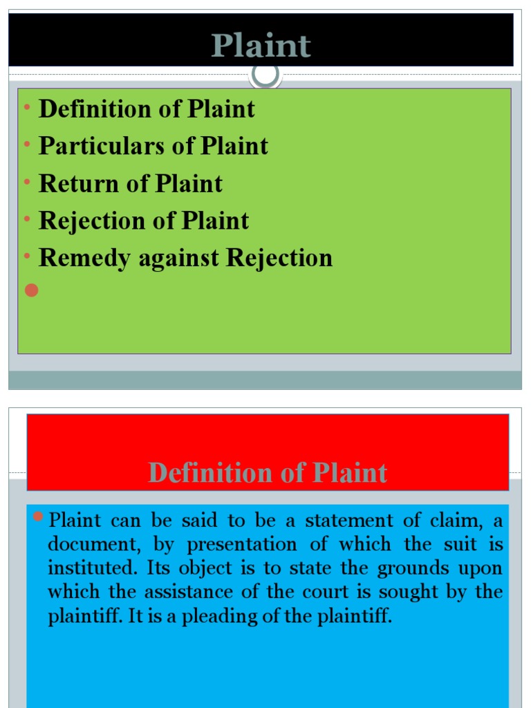 Definition of Plaint Particulars of Plaint Return of Plaint Rejection ...