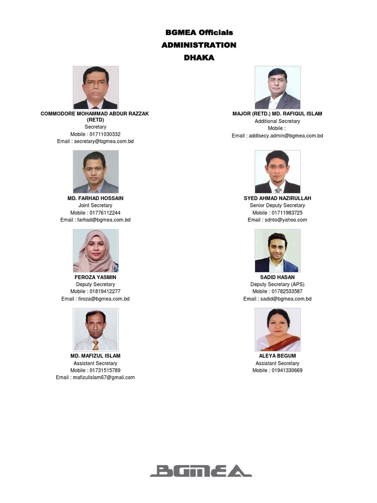 Administration BGMEA Officials Dhaka: Commodore Mohammad Abdur Razzak (RETD) Major (Retd.) Md ...
