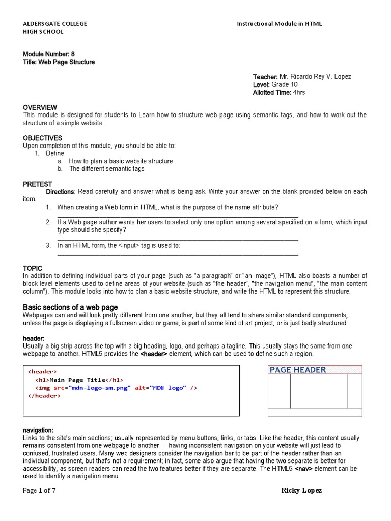 Basic Sections of A Web Page: Aldersgate College Instructional Module ...