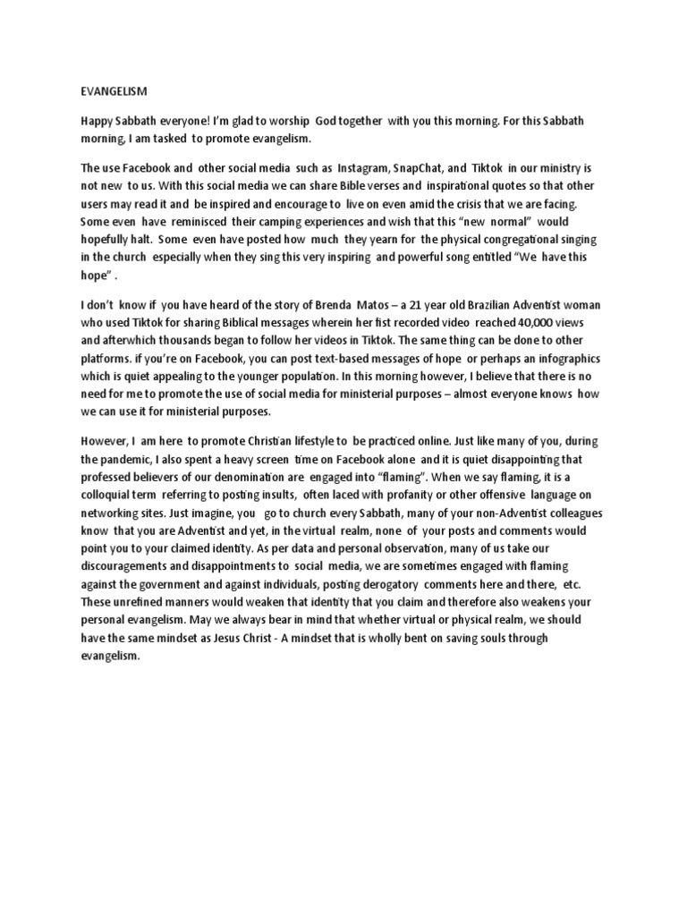 EVANGELISM Promotional Talk | PDF | Seventh Day Adventist Church ...