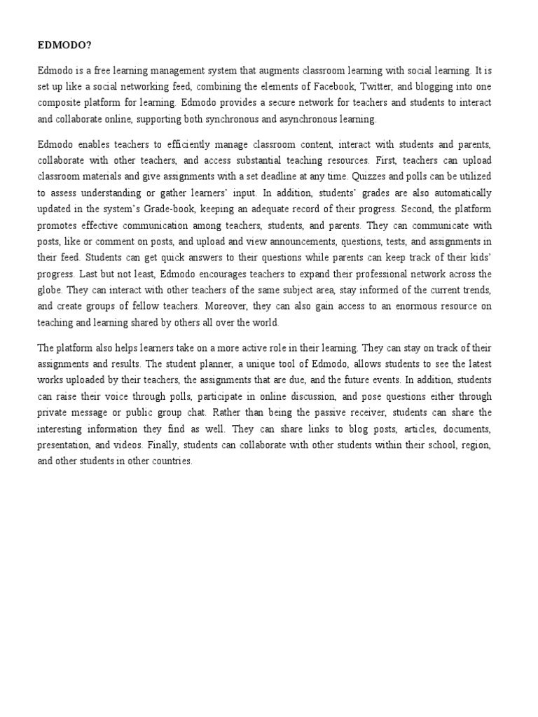 Edmodo: A Free LMS for Classroom Learning and Social Collaboration | PDF