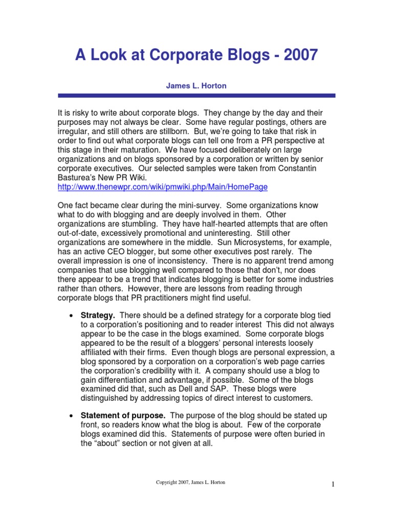A Look at Corporate Blogs - 2007: James L. Horton | PDF | Blog | Dell