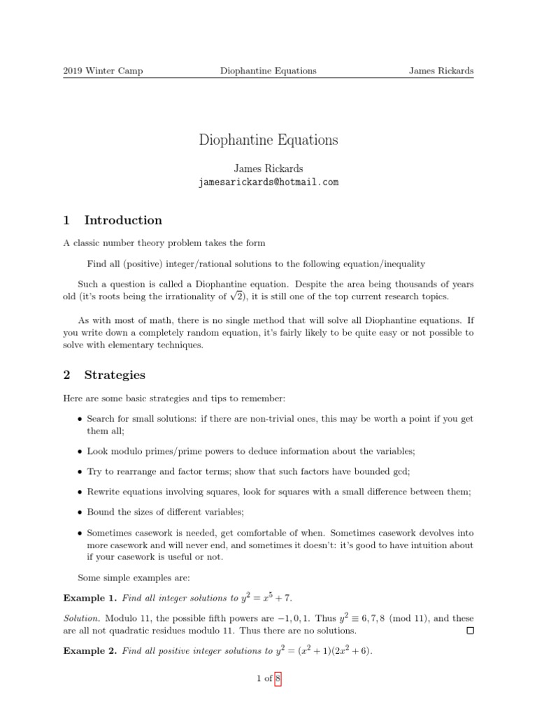 2019 Diophantine Equations Pdf Factorization Equations