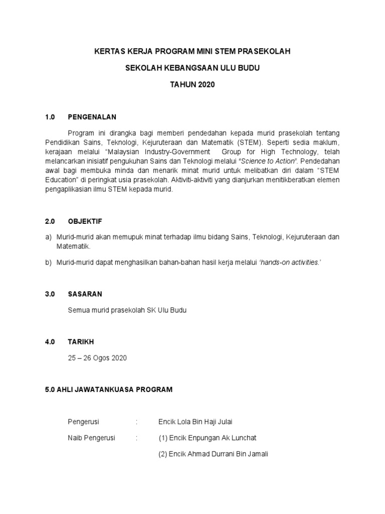 Kertas Kerja Program Mini Stem Prasekolah | PDF