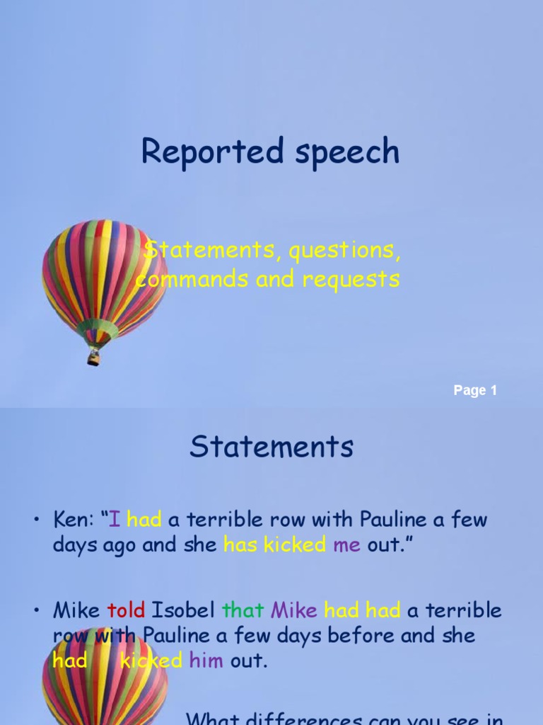 Reported Speech Statements Questions Commands And Requests Pdf Question Linguistics