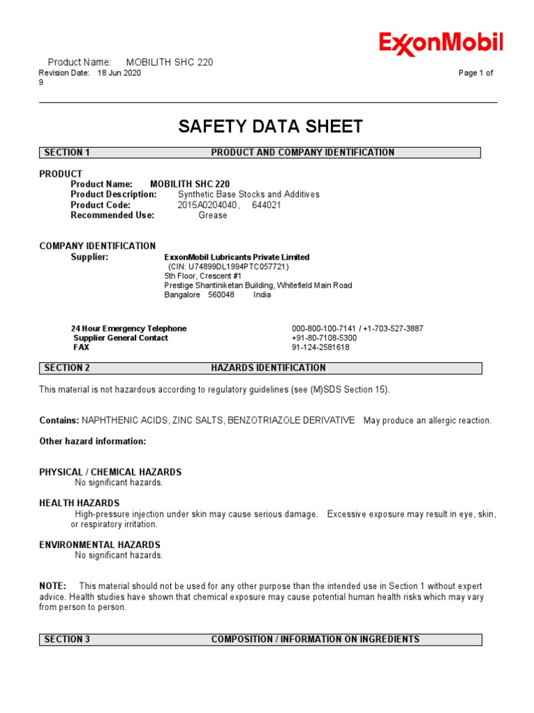 Safety Data Sheet: Product Name: MOBILITH SHC 220 | PDF | Toxicity ...
