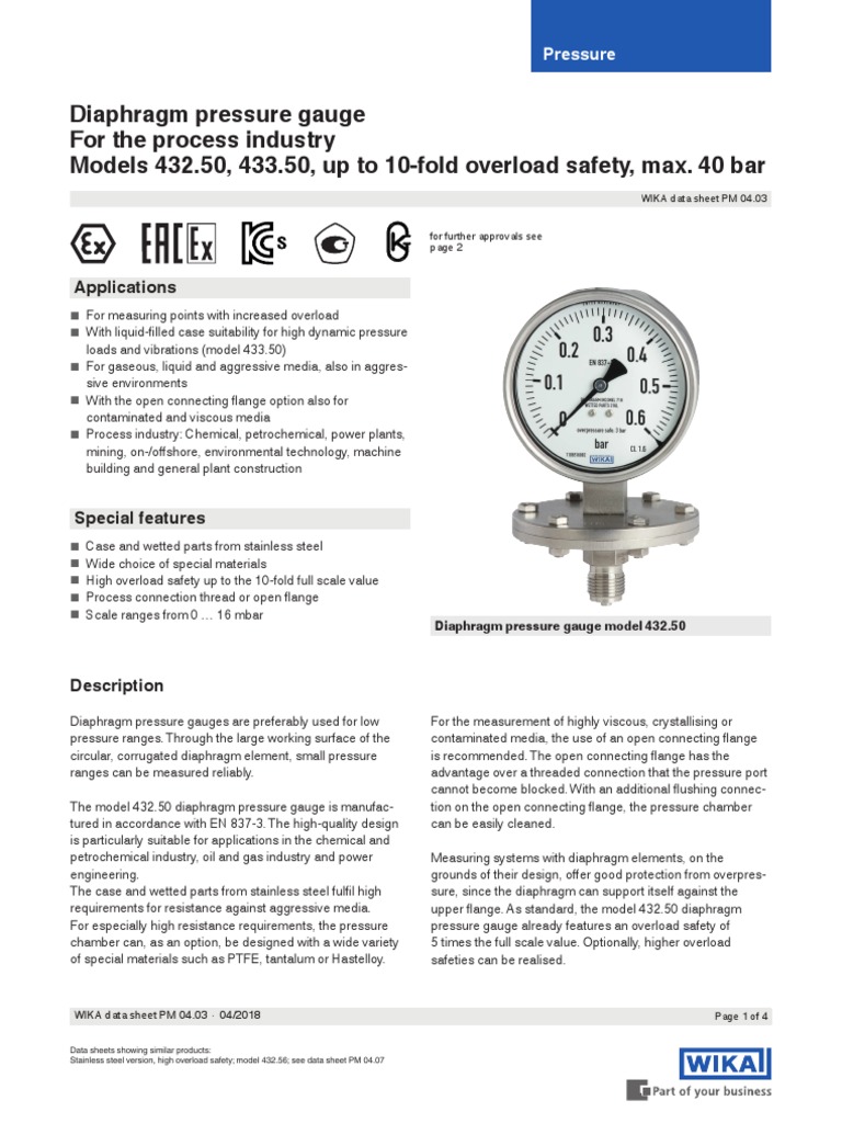 Diaphragm Pressure Gauge For The Process Industry Models 432.50, 433.50 ...
